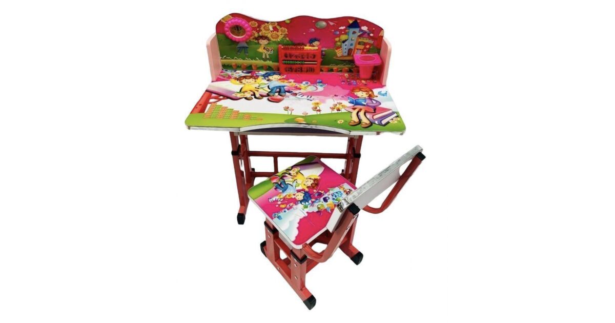 Birou cu scaun pentru copii, reglabile, cadru metalic si lemn, roz ...