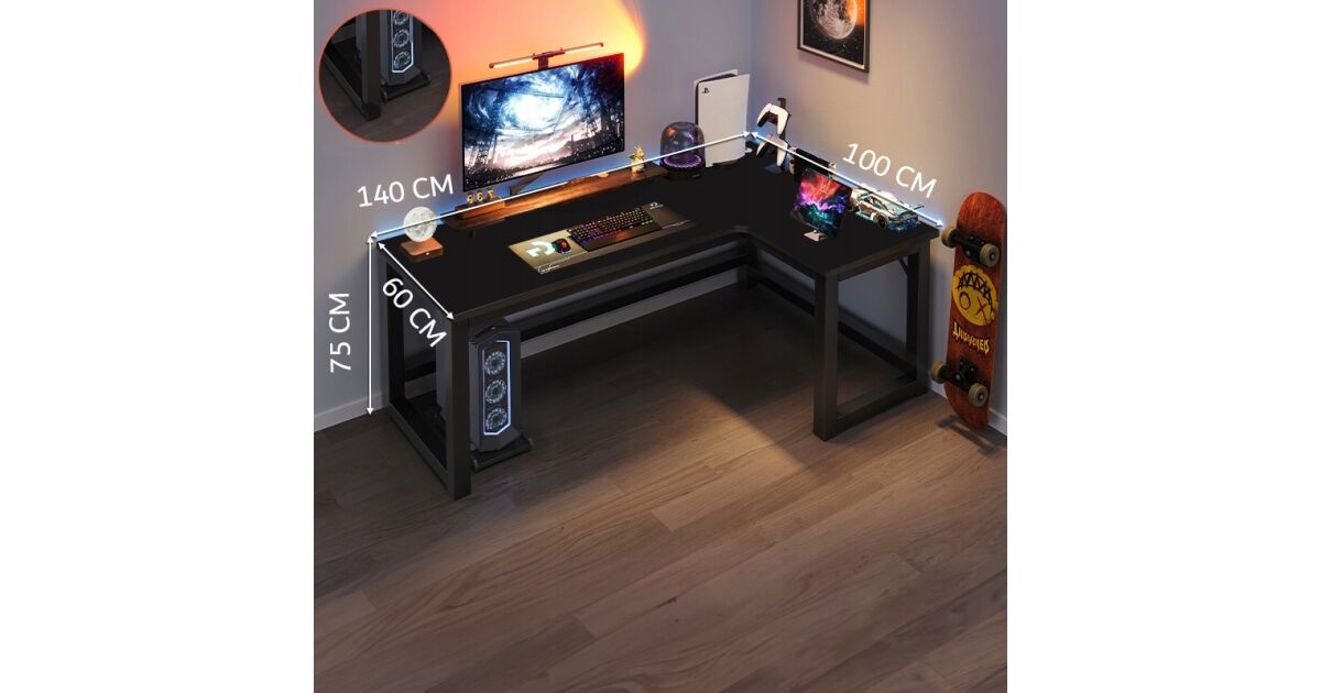 Masă de colț, gaming, masă pentru calculator, mare, modernă, neagră ...