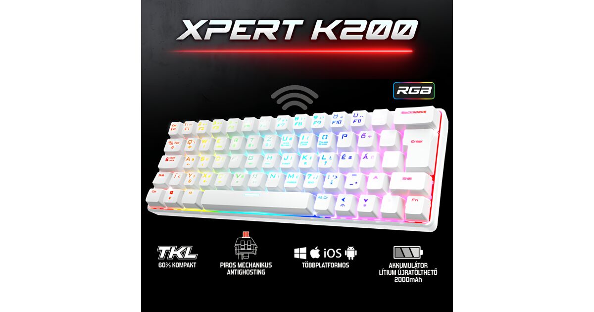 Spirit of Gamer Billentyűzet Mechanikus - XPERT K200 White (TKL, SOG red, RGB LED,USB, anti ...
