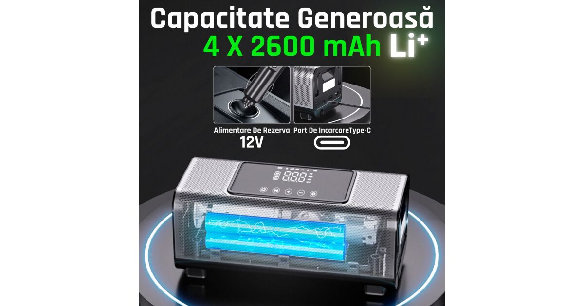 Compresor auto portabil cu acumulator, Pompa cu 2 cilindri de umflat ...