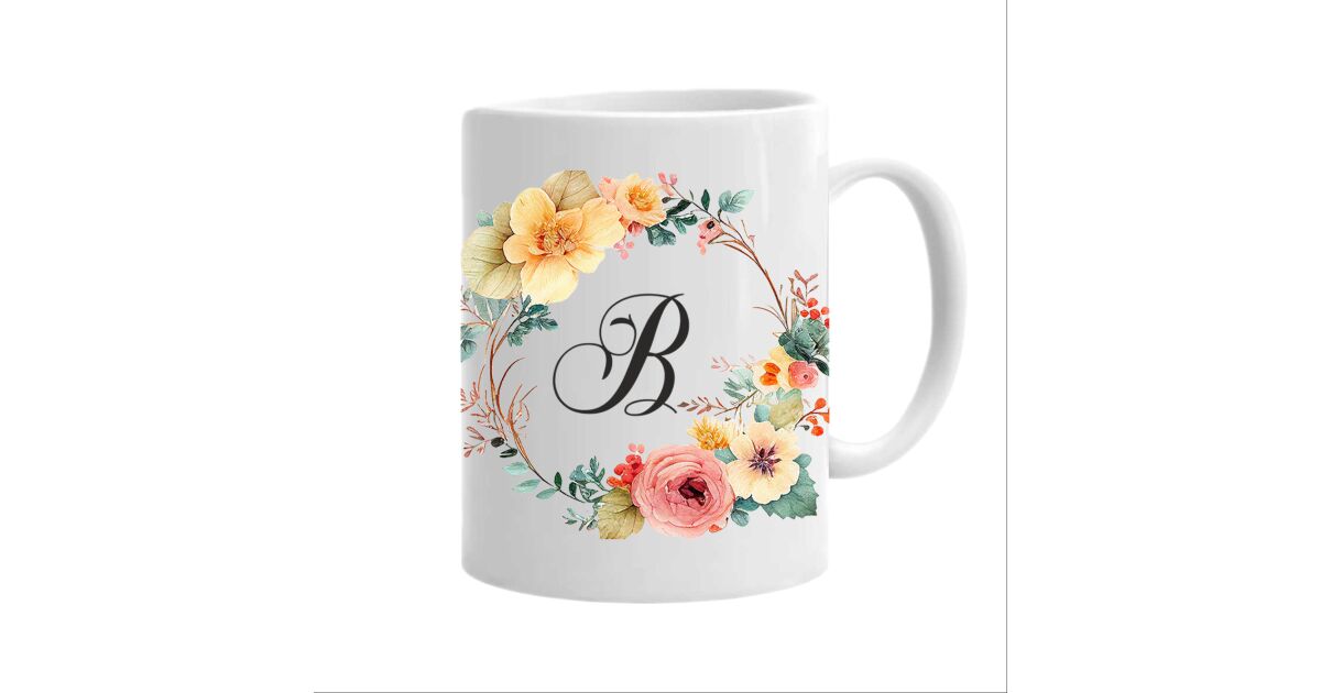 Cana personalizata cu initiala numelui, alba, 350ml, Colectia Flori ...