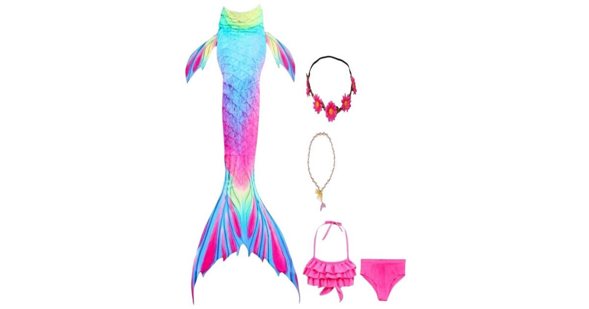 Set 5 piese Costum Sirena Printesa Ariel THK®, coada sirena, slip, top ...