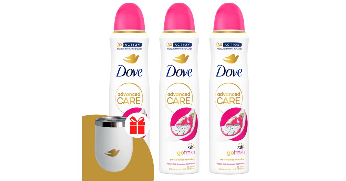 Dove Advanced Care Go Fresh női Dezodor Dragon Fruit & Coconut 3x200ml + Ajándék Utazóbögre ...