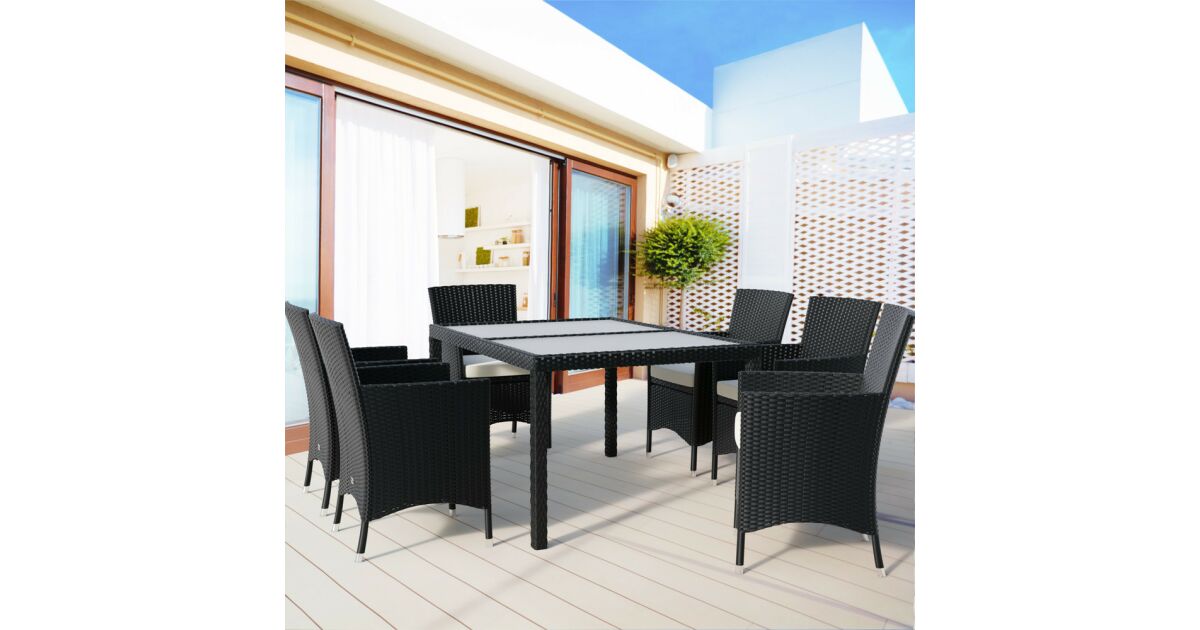 Casaria Milano 6 személyes műrattan kerti étkező garnitúra fekete/krém ...