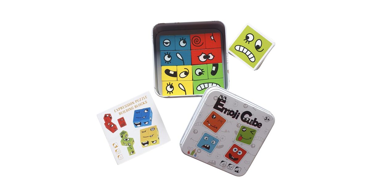 Joc Montessori Expresii faciale Emoji Cube in cutie metalica, 12 piese ...