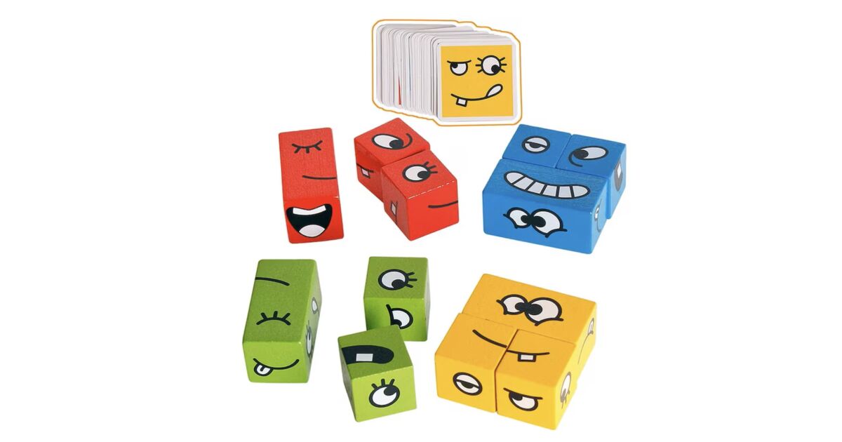 Joc Montessori Expresii faciale Emoji Cube in cutie metalica, 12 piese ...