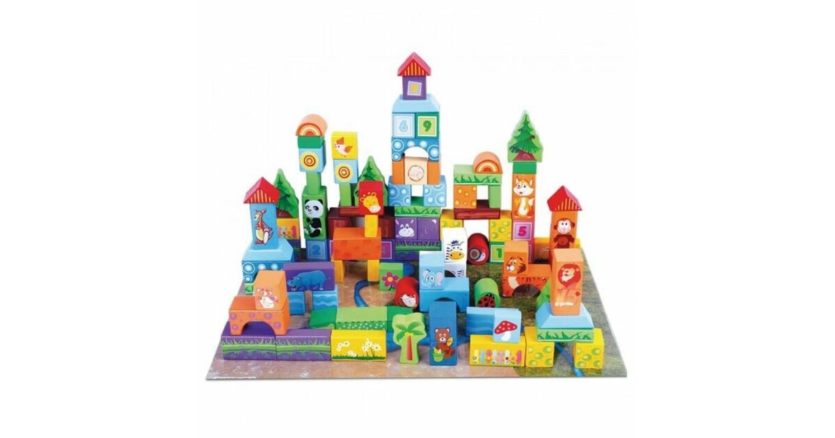 Set constructie cu 102 cuburi din lemn, animalele si mediul ...
