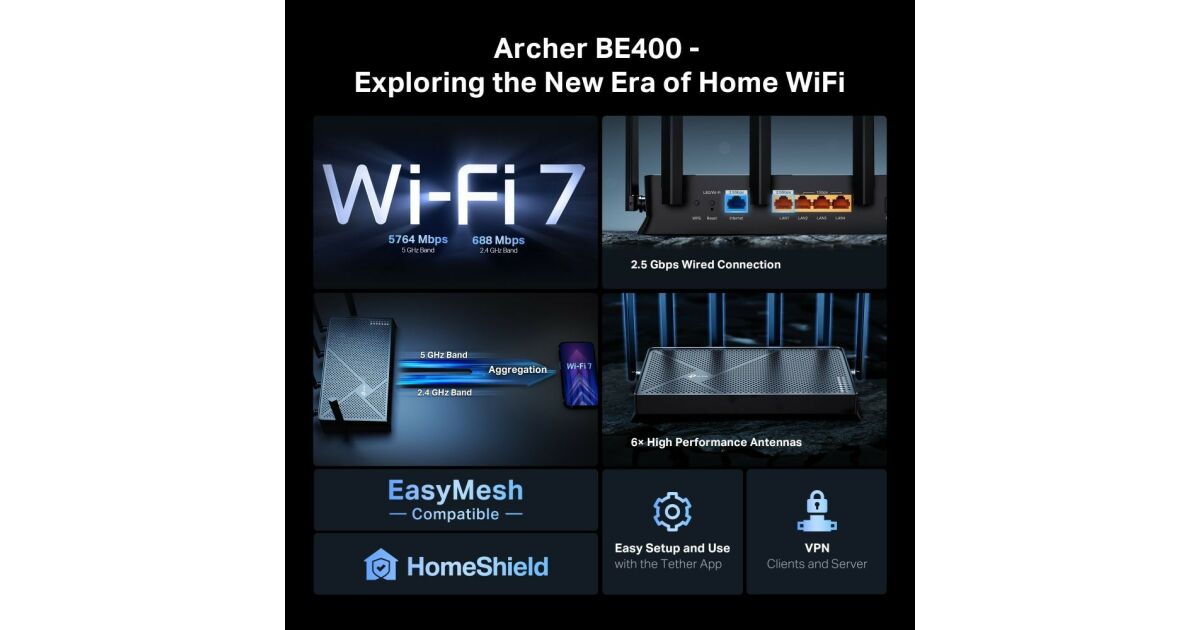 TP-Link Archer BE400 BE6500 Dual-Band Wi-Fi 7 Router | Pepita.hu
