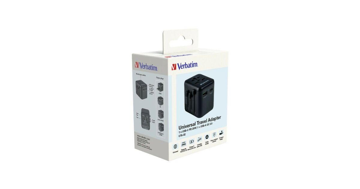 Verbatim Universal Travel Adapter UTA-02 Plug with USB-C PD & USB-A QC ...