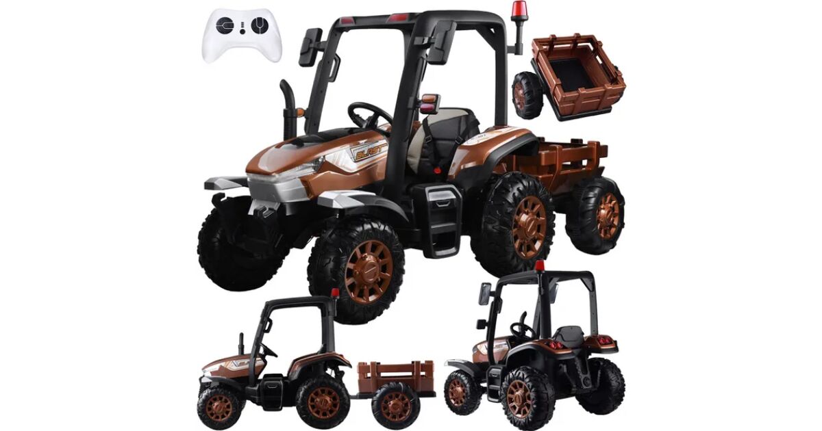 Elektromos gyerek traktor 4x4 pótkocsival, 12V, távirányítóval, LED ...