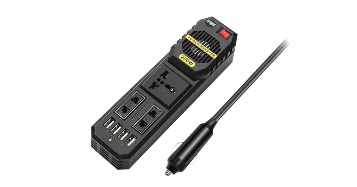 Invertor Auto 200W DC 12V la AC 220V cu 3 Prize si 4 Porturi USB ...
