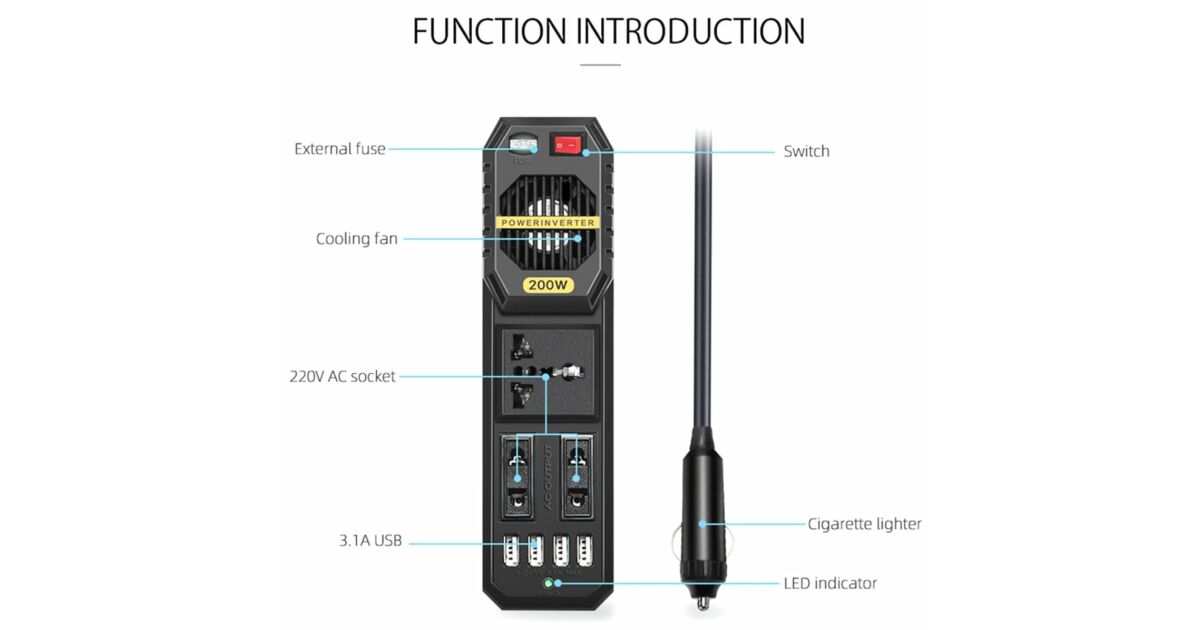Invertor Auto 200W DC 12V la AC 220V cu 3 Prize si 4 Porturi USB ...
