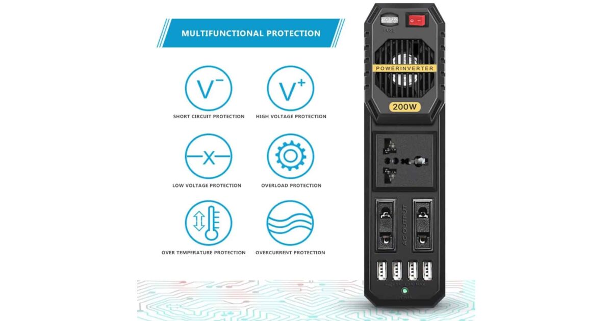 Invertor Auto 200W DC 12V la AC 220V cu 3 Prize si 4 Porturi USB ...