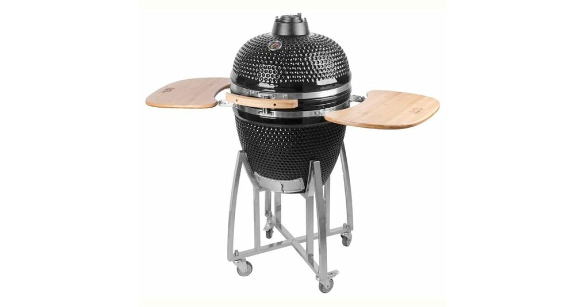 Gratar gradina, grill rotund, ceramic, cu roti, capac, rafturi ...