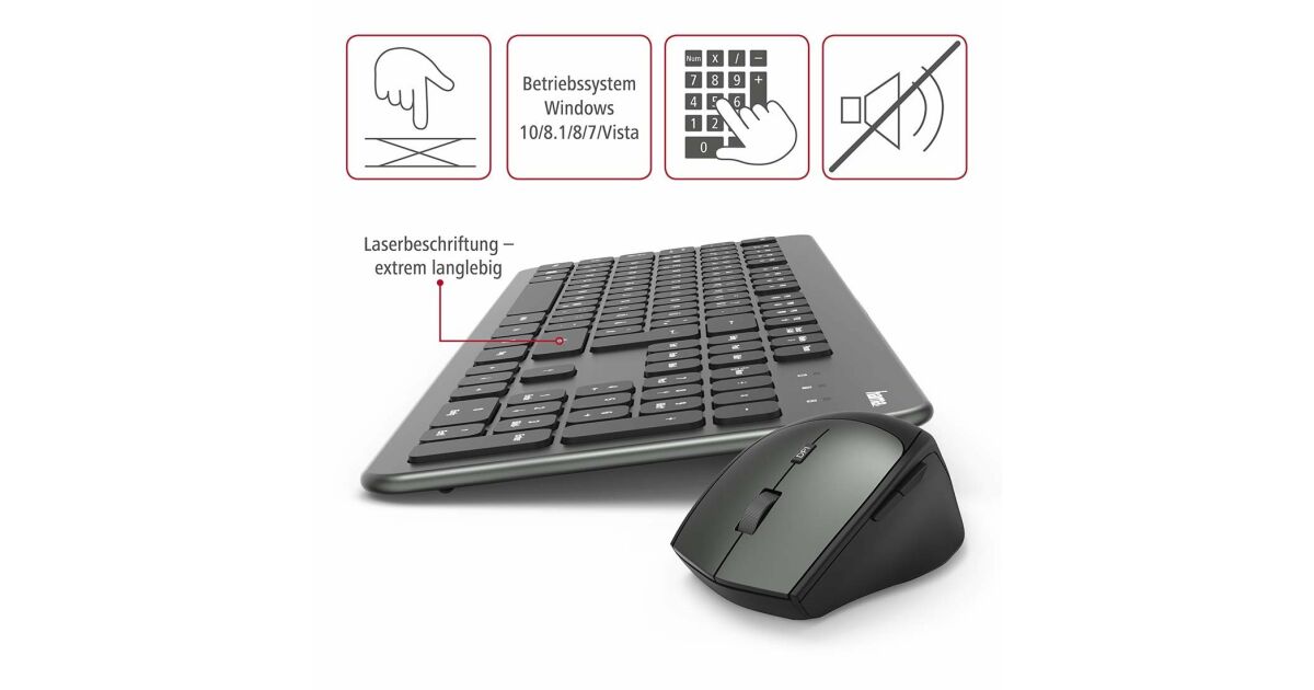 Hama Wireless Keyboard Mouse Set (QWERTZ Key Layout, Wireless Ergonomic ...