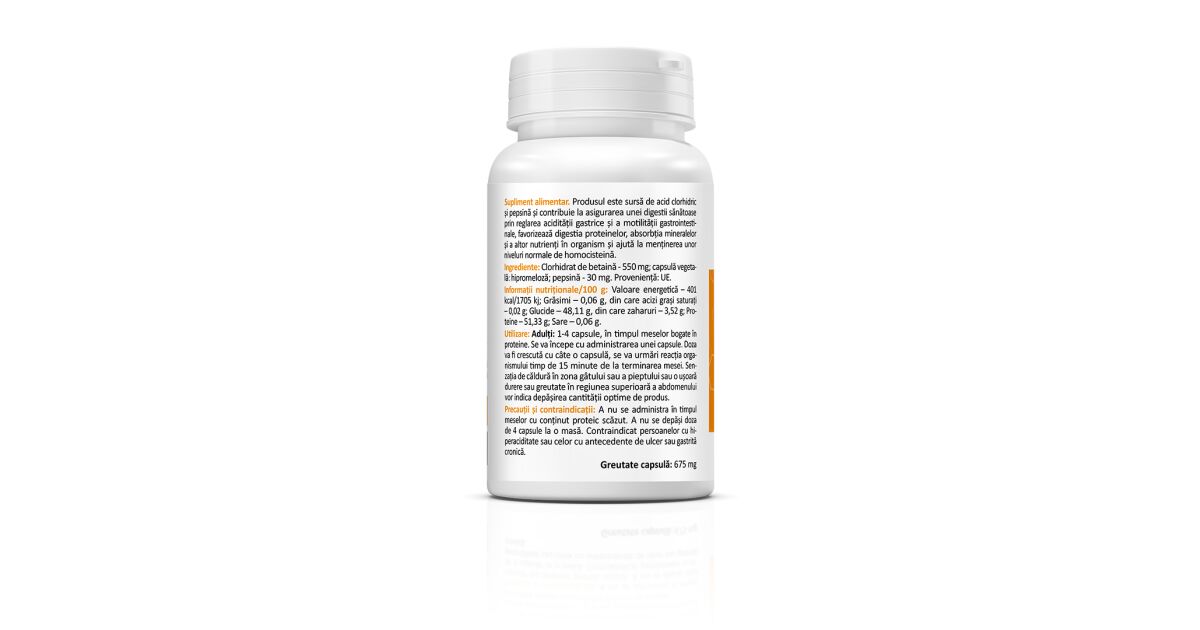Betaine HCL Pepsin, 60 capsule, hipoaciditate gastrica si sustinerea ...