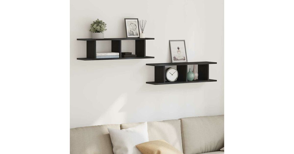2 db fekete tölgyszínű szerelt fa fali polc 75 x 18 x 20 cm | Pepita.hu