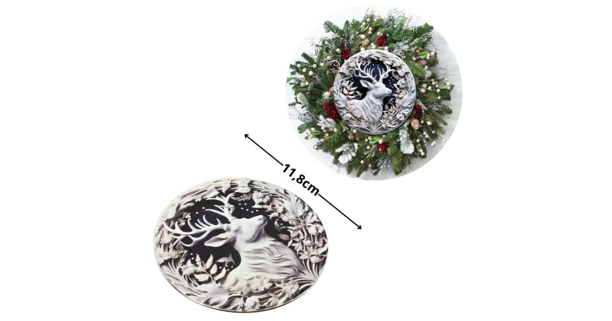 Nyomtatott fa tábla koszorú közép - Fehér szarvas 11,8cm | Pepita.hu