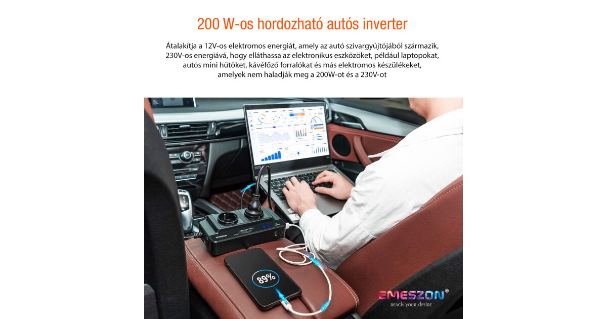 Invertor de tensiune Auto 12V, EMESZON® M8300-2, Putere 200W, Iesire ...