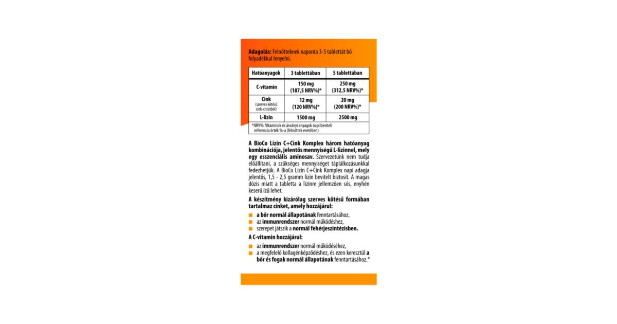 BioCo Lizin C+Cink komplex megapack 100 tabletta | Pepita.hu