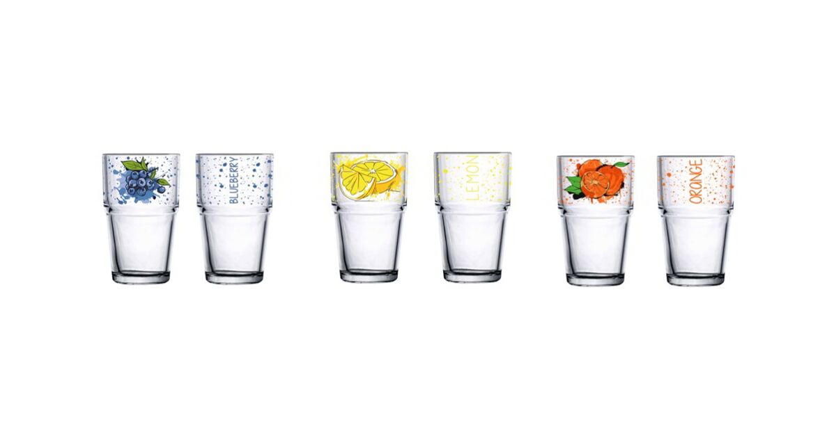 Pahar de sticlă cu model IRIS 350ml, model cu afine, lămâie sau ...