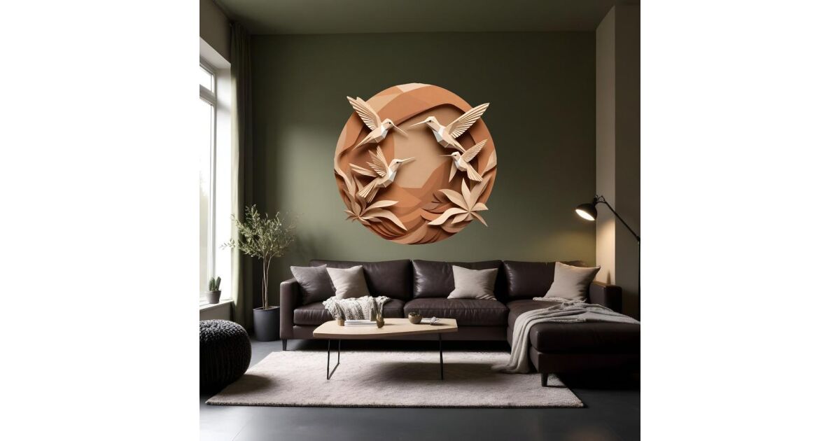 Öntapadós kör alakú poszter tapéta, kolibri, madarak, origami stílus ...
