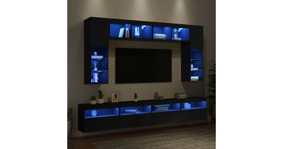 vidaXL 8 darabos fekete falra szerelhető TV-szekrényszett LED-ekkel ...