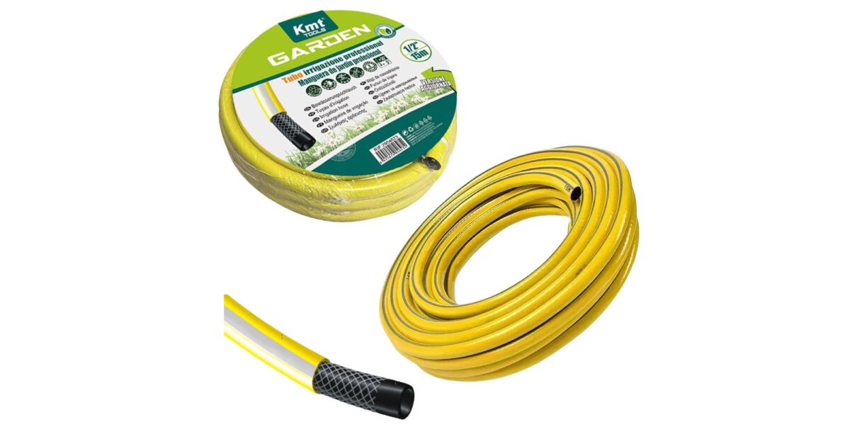 KMT Tools 2904623 3 rétegű megerősített PVC 1/2 hüvelykes kerti tömlő 15m sárga színű | Pepita.hu