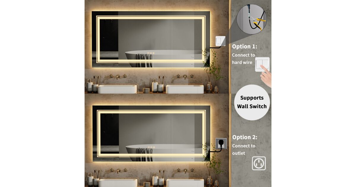 Fürdőszoba tükör, nagy méretű, tompítható LED -es lámpák, Világosszürke | Pepita.hu