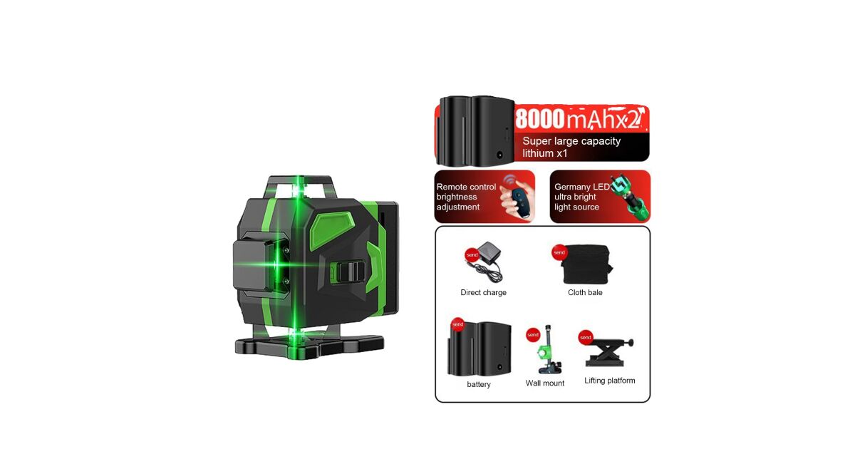 16 vonal zöld lézerszint, nagy pontosságú, 360 fokos lefedettség, Barna ...