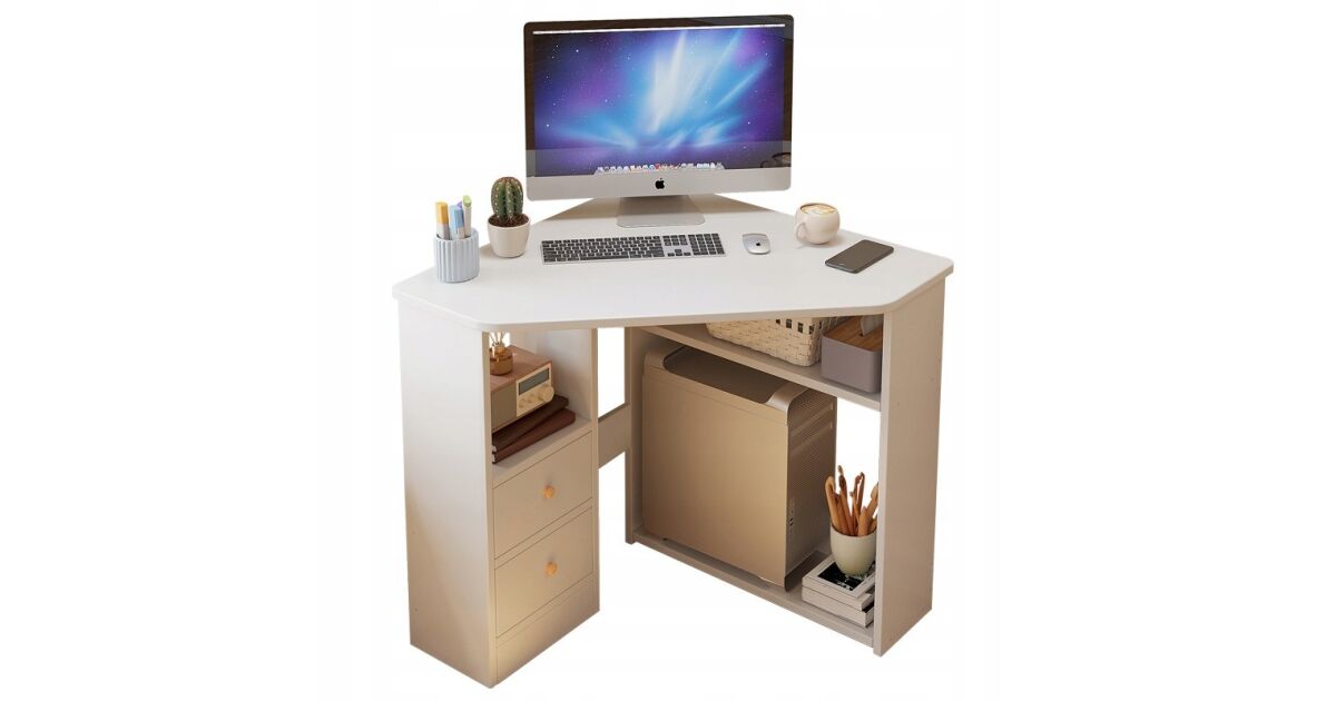 Háromszögletes sarok számítógépes íróasztal polcokkal modern fehér loft ...