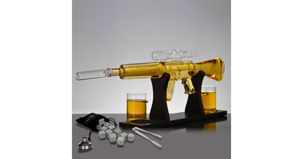 Set decantor, Mitraliera si 2 pahare cu glont, cu suport de lemn ...