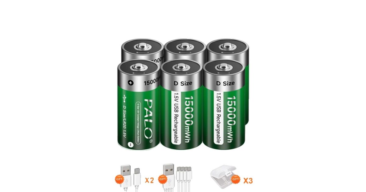 Újratölthető D méretű akkumulátor, C típusú USB töltés, Li-ion ...