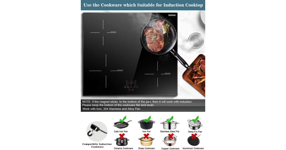 Induction Hob, 4 Independent Heating Zones, Safety Lock, Smart Timer ...