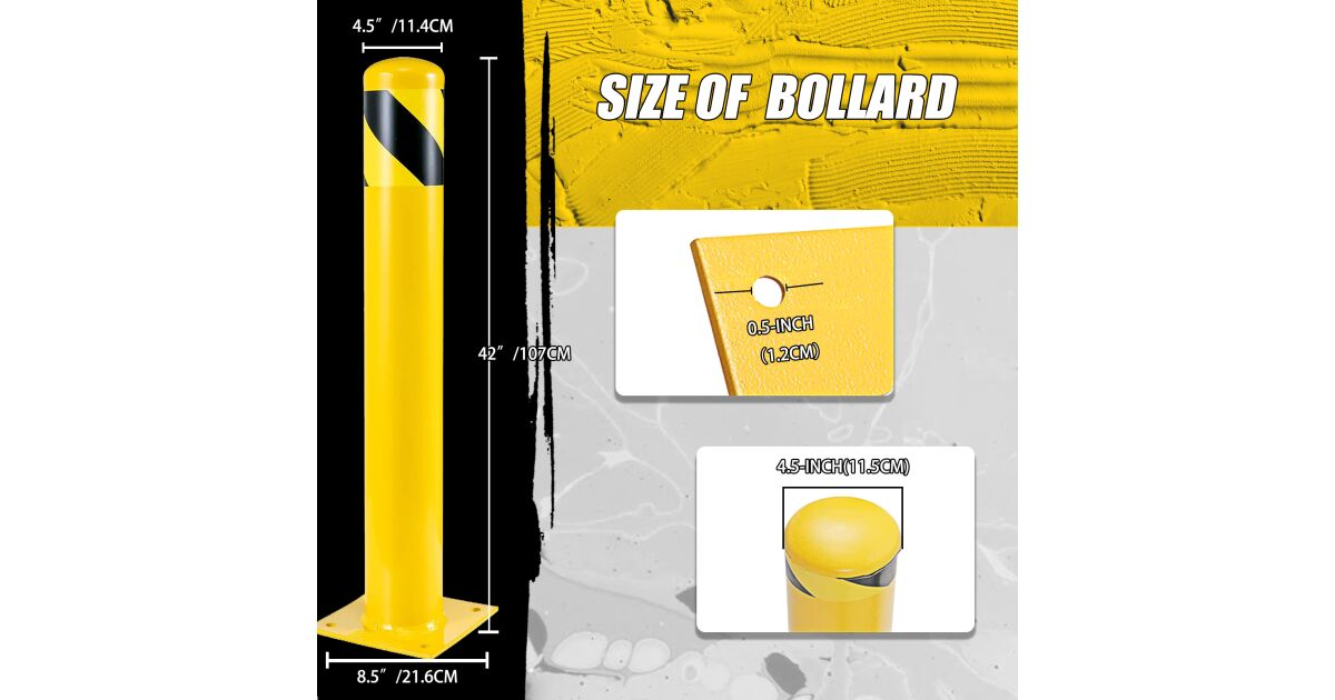 Safety Bollards, 107cm Height, Industrial Yellow Powder Coating, 11.4cm ...
