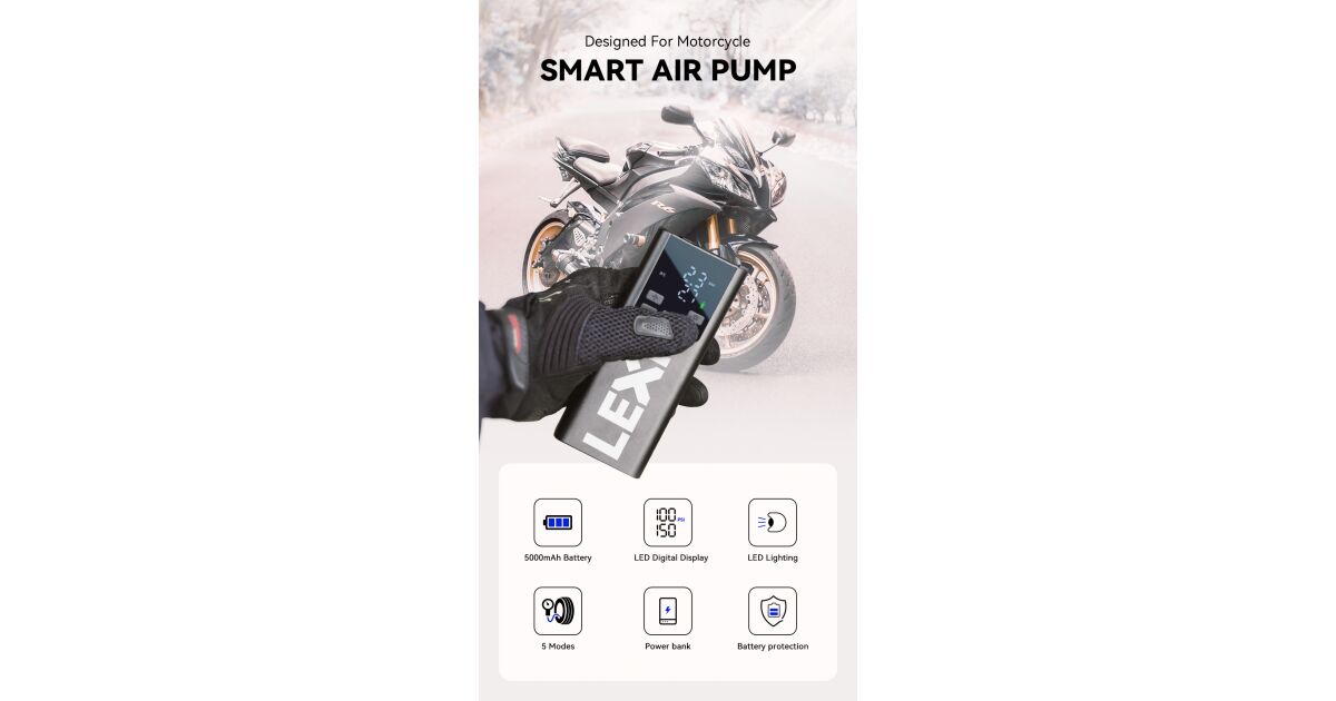 Lexin P5 Smart Air Pump, 150 PSI Fast Inflation, 5000 mAh Battery, LED ...