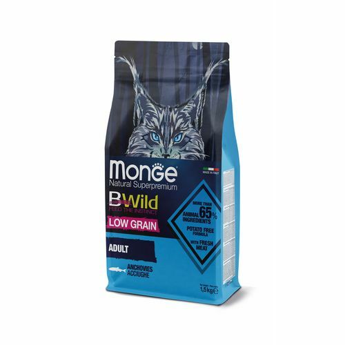 MONGE BWild Cat Low Grain Adult 1,5 kg teljes értékű táp felnőtt macskáknak szardellával és ...