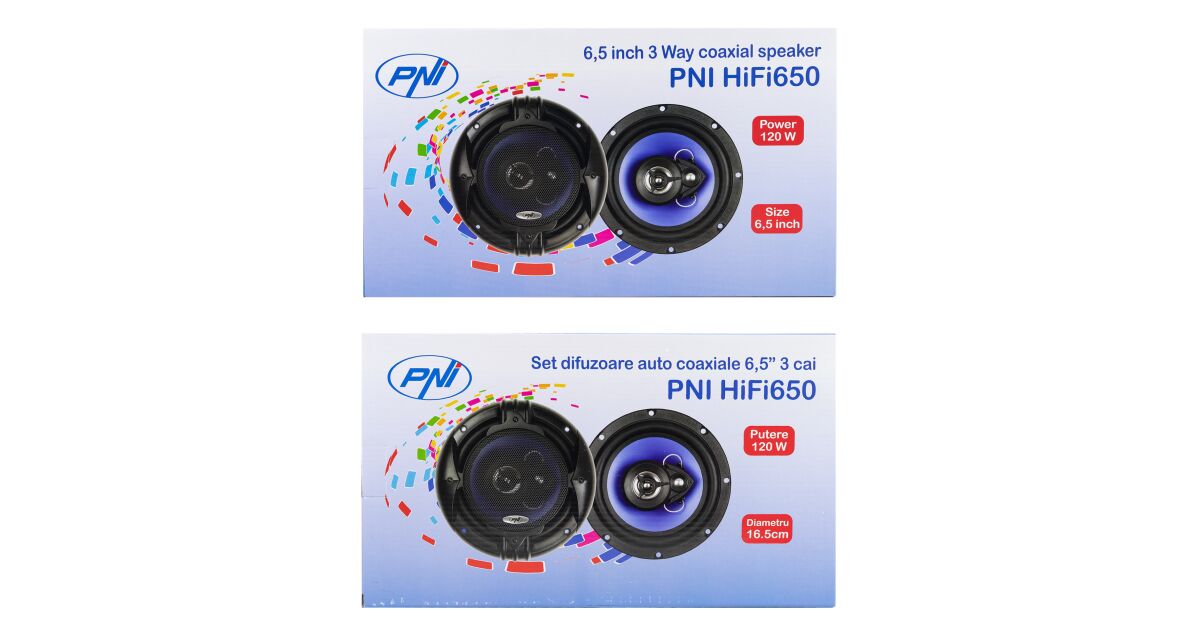 DIFUZOARE AUTO COAXIALE PNI HIFI650, 120W, 16.5 CM, 3 CAI, GRILA ...