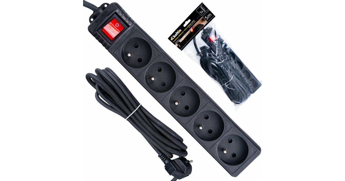 Prelungitor electric priza negru, 5 prize, 5 m, Keltin | Pepita.hu