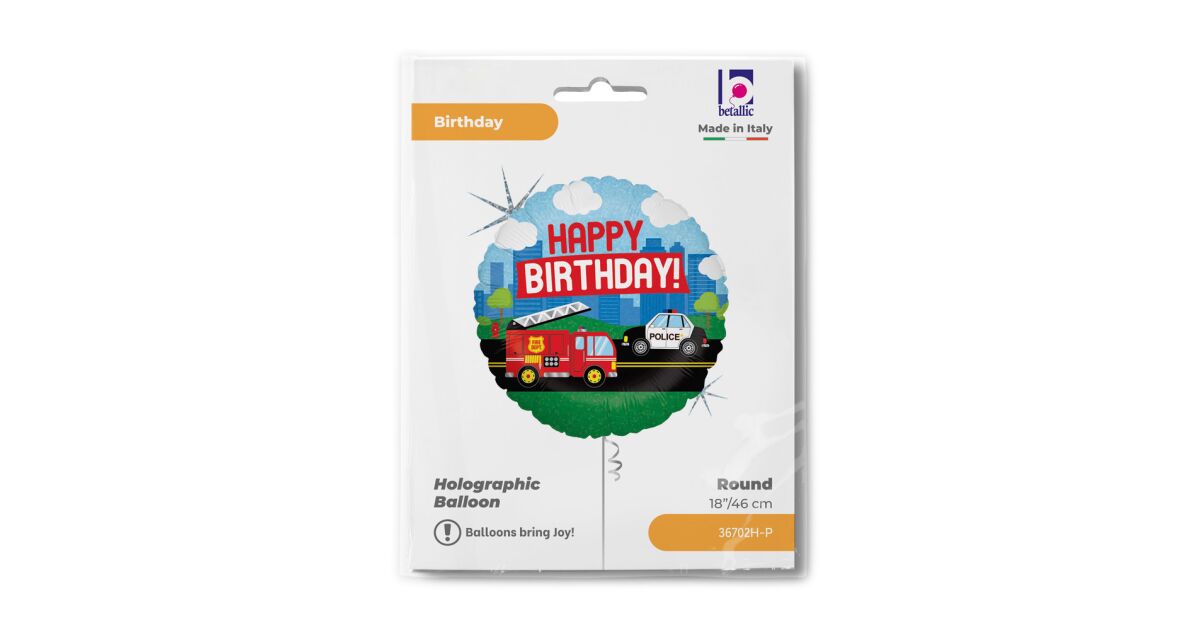 Balon folie rotund Happy Birthday pompieri si politie 46 cm | Pepita.com