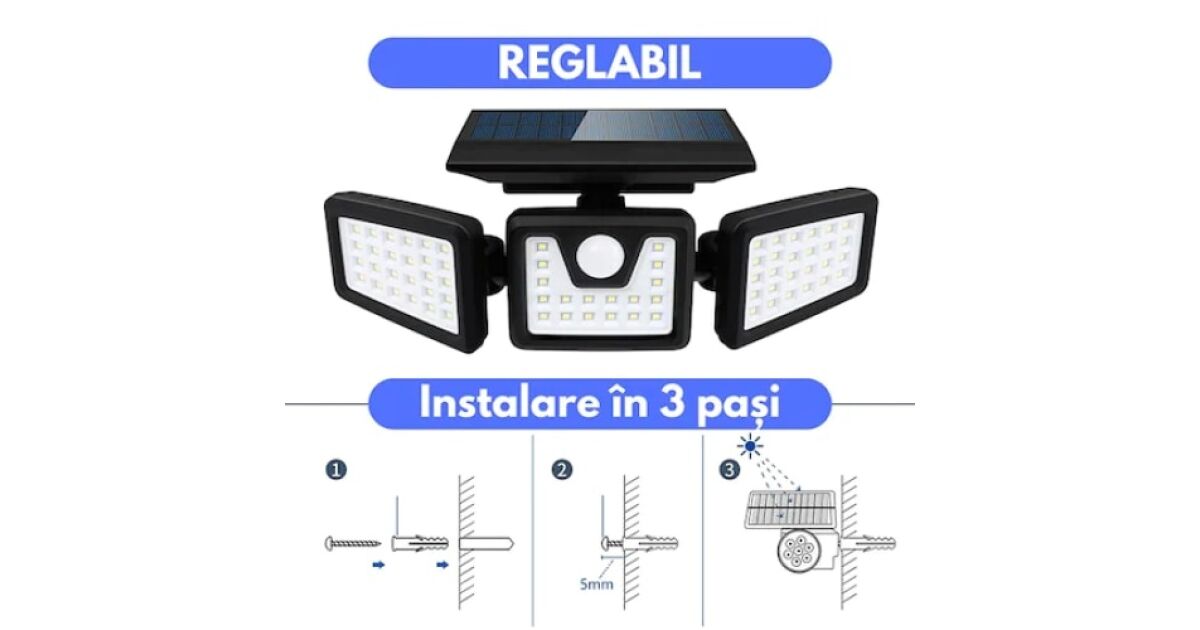 Set 4 lampi solare triple FOXMAG24, pentru exterior, cu senzor de ...