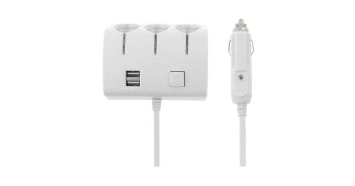 Adaptor pentru masina FOXMAG24, 3 prize si 2 porturi USB, 12/24V, alb ...