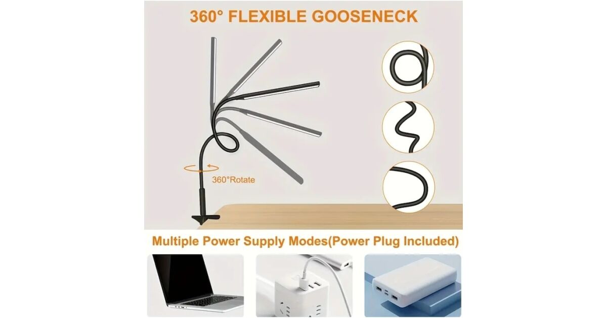 Lampa de birou, LED, alimentare USB, prindere tip clama, din ABS, brat ...