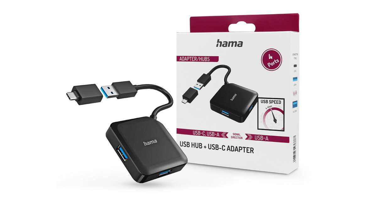 Hama Usb hub, 4 port, usb 3.2 gen1, 5 gbit + usb-c adapter 200116 ...