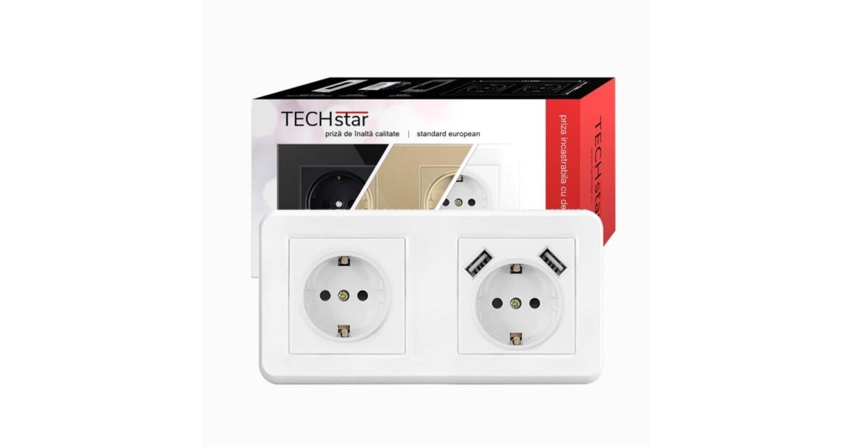 Techstar® PCU2 Socket, Dual, 2 x USB, 2.1A, White, Polycarbonate, 16A ...