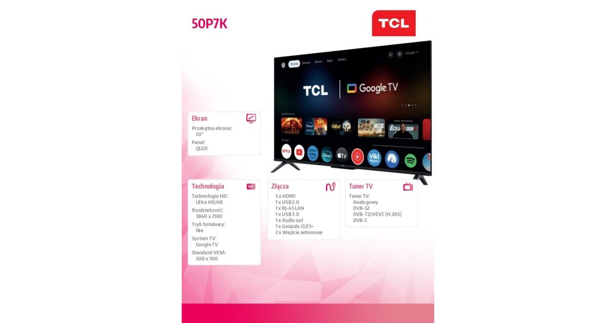 TCL P7K 50P7K 127 cm (50) 4K Ultra HD Smart Wi-Fi Metalni 430 cd/m2 ...