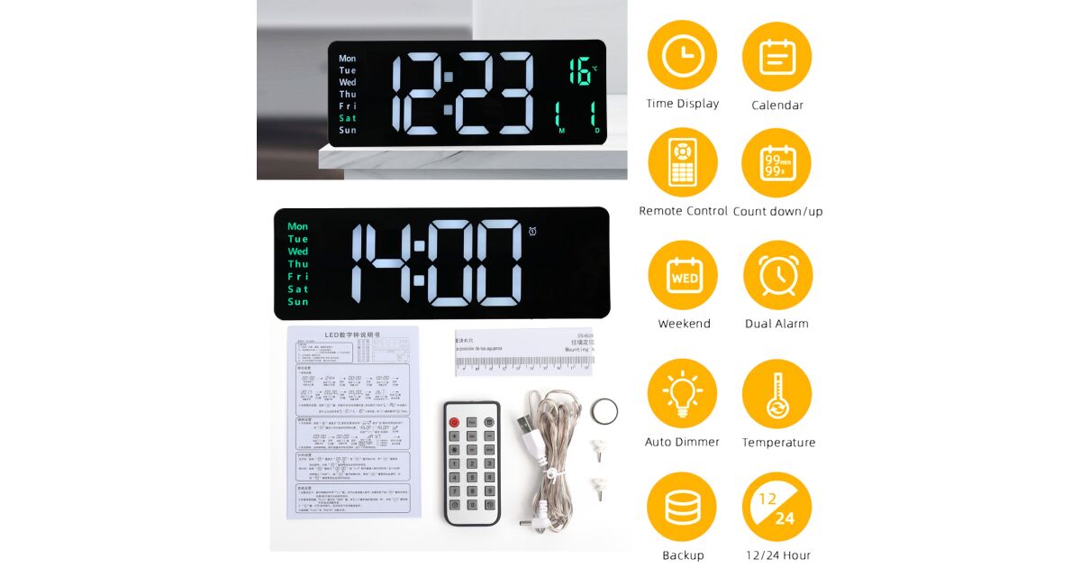 Digital Wall Clock, LED Display, Remote Control, | Pepita.hu