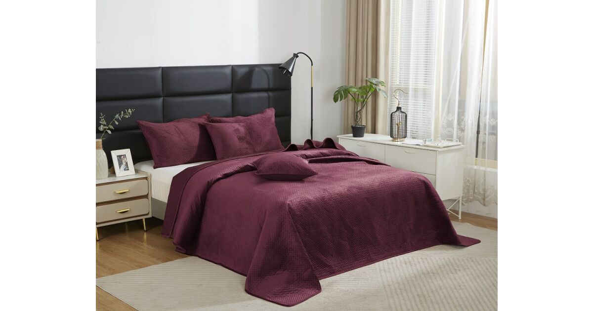 Pătură din velur pentru pat 160x220 Maya bordo cu cruci geometrice I24 ...