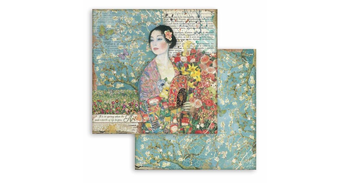 Hartie fata-verso 31,5x30 cm - Doamna cu evantai | Pepita.com