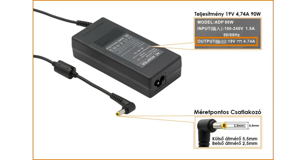 Asus M6000 (M6) M6A 19V 4.74A ( 4,74A ) 90W-os új, gyárival megegyező ...